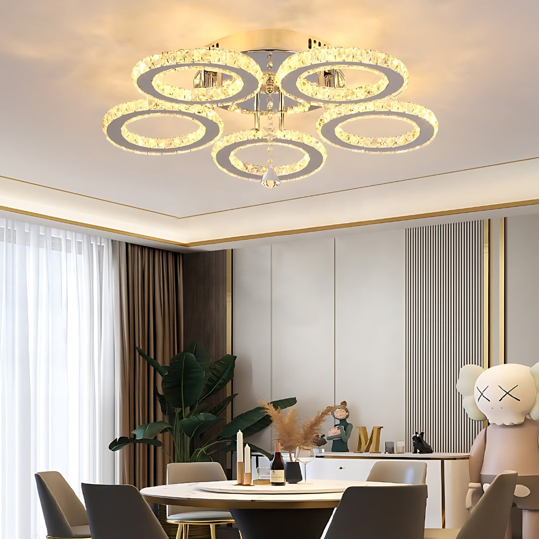 Lustra LED cu telecomanda si cristal ALANUBIS 80W, 5 Cercuri, lumina R ...